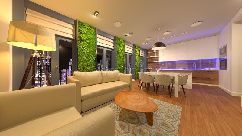 3D Rendering of the Dining Room with Night View Stock Illustration ...