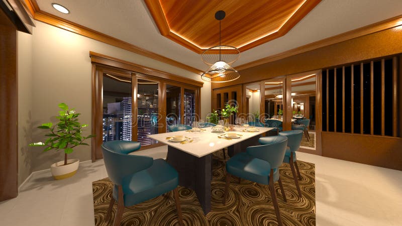 3D Rendering of the Dining Room with Night View Stock Illustration ...