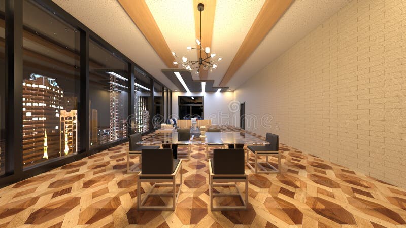 3D Rendering of the Dining Room with Night View Stock Illustration ...