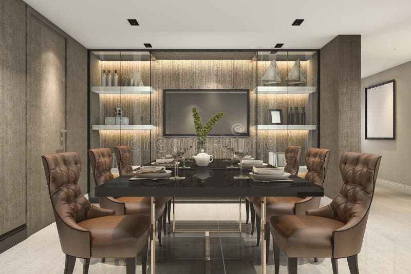 3d Rendering Dining Set in Modern Luxury Brown Dining Room Stock ...