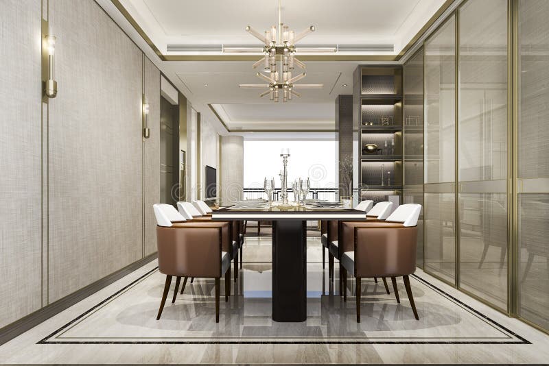 3d Rendering Dining Set in Modern Luxury Dining Room Stock Illustration ...