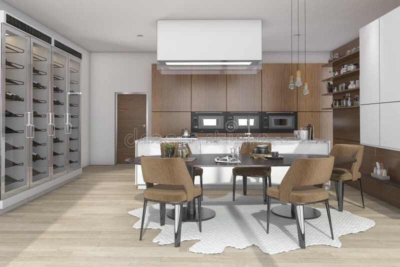3d Rendering Dining Set in Wood Kitchen and Living Design Stock ...