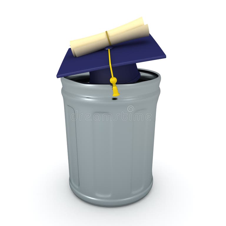 3D Rendering of Diploma and Graduation Hat in a Garbage Can Stock ...