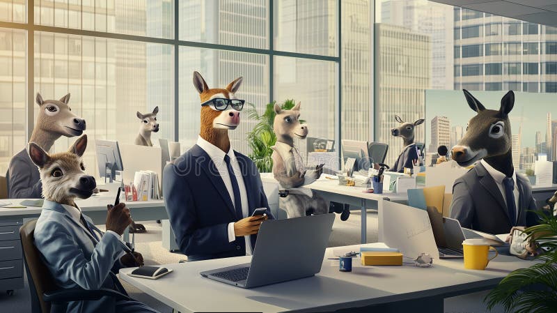 3d Rendering of a Diverse Team of Funny Animal Businessmen Working on ...