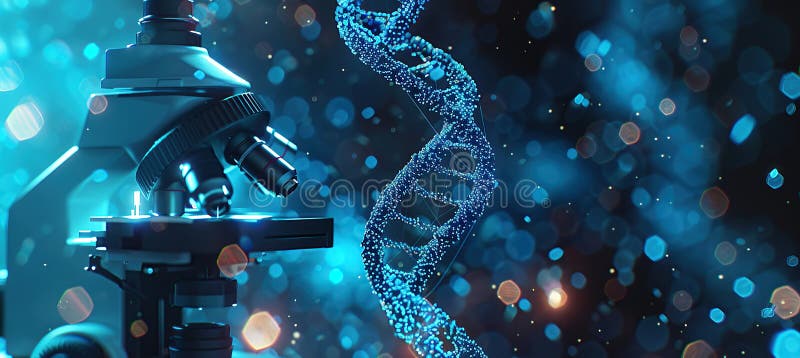 3D Rendering of DNA Double Helix Next To Microscope in Lab Stock ...