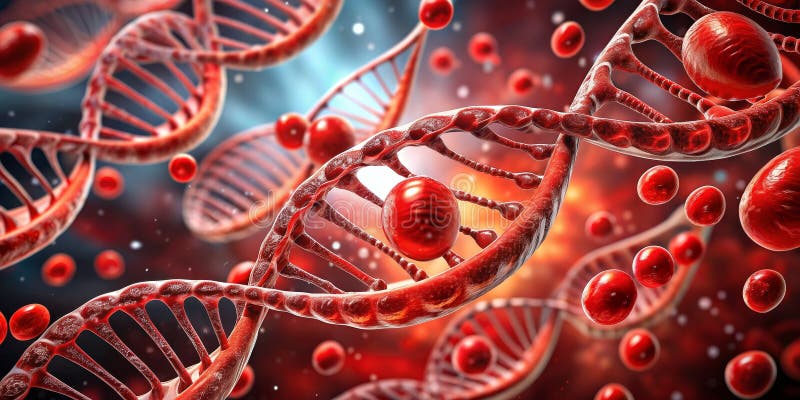 3D Rendering of DNA Double Helix with Red Blood Cells Stock ...