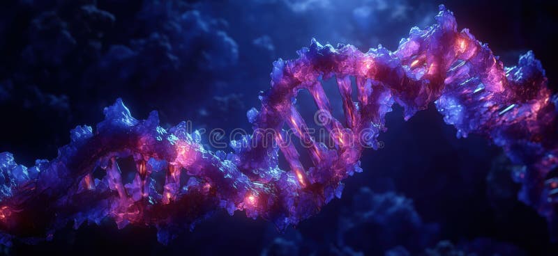 3D Rendering of DNA Double Helix Structure with Glowing Crystals and ...