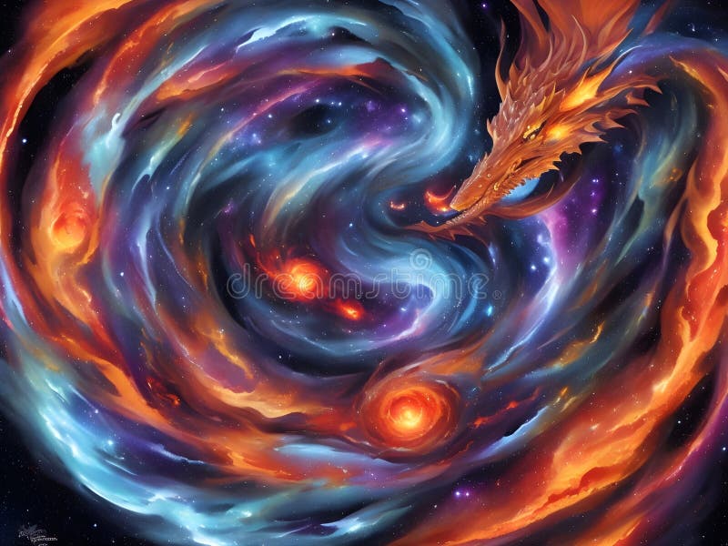 3D Rendering of a Dragon in the Outer Space with Fire and Stars Stock ...
