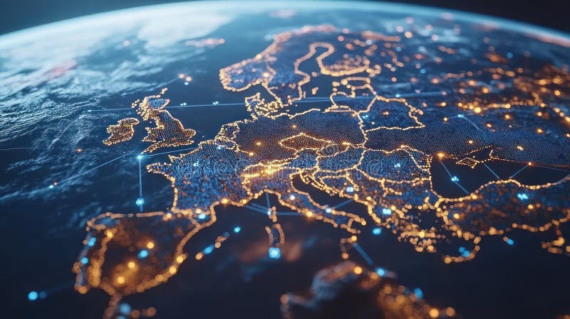 A 3D Rendering of the Earth with a Focus on Europe Showing a Glowing ...