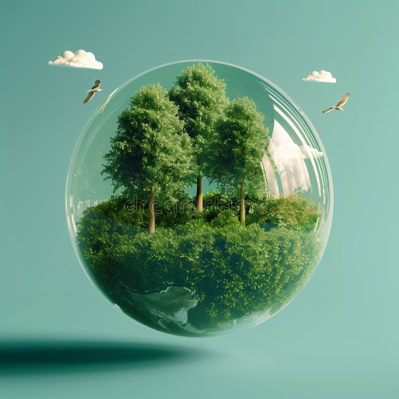 3D Rendering of Earth Globe with Green Trees Inside a Glass Sphere ...