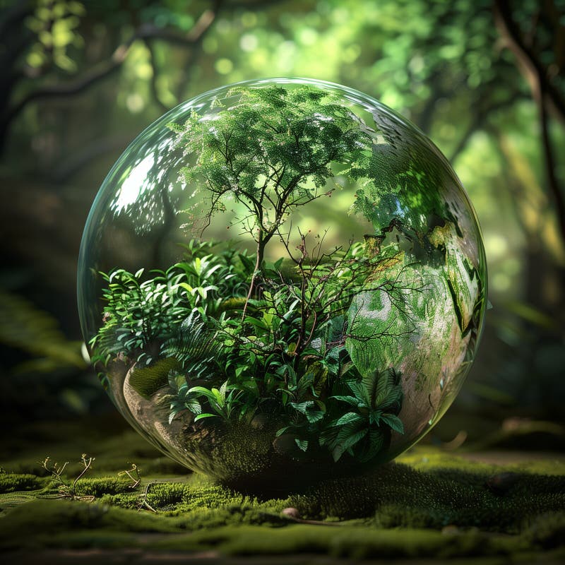 3D Rendering of Earth Globe with Green Trees Inside a Glass Sphere ...