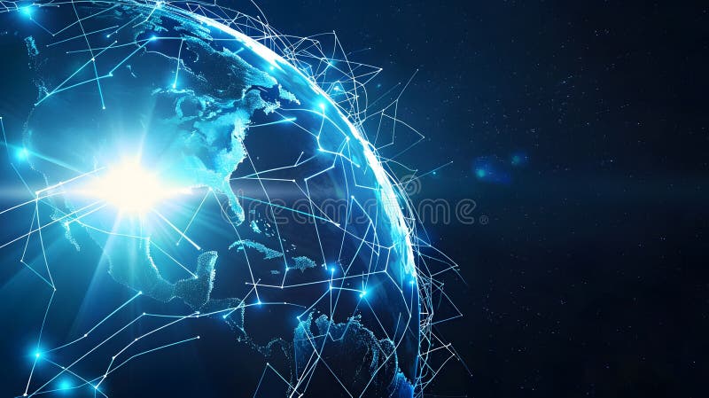 3D Rendering of Earth with Glowing Blue Network and Fiber Optic Cables ...