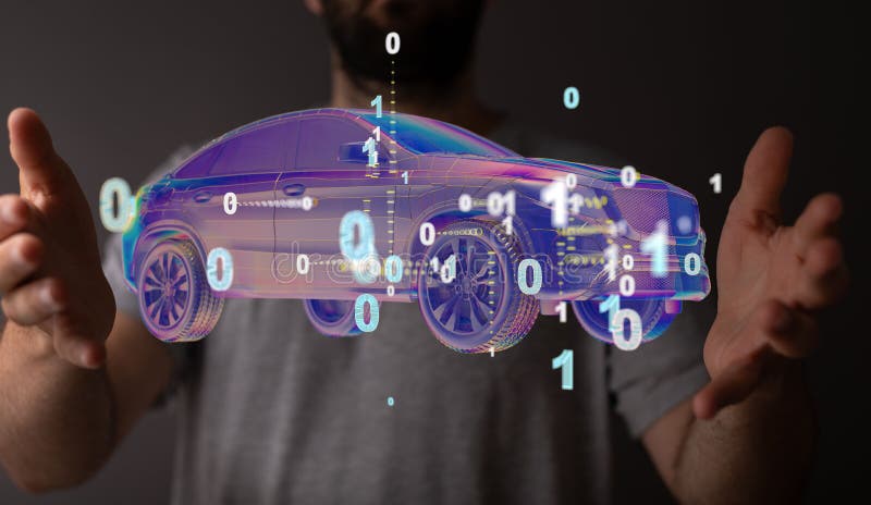 3D Rendering of an Electro Car Hologram in Hands Stock Illustration ...