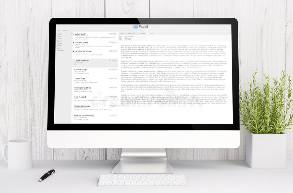 White Workspace with Computer Mail Stock Illustration - Illustration of ...