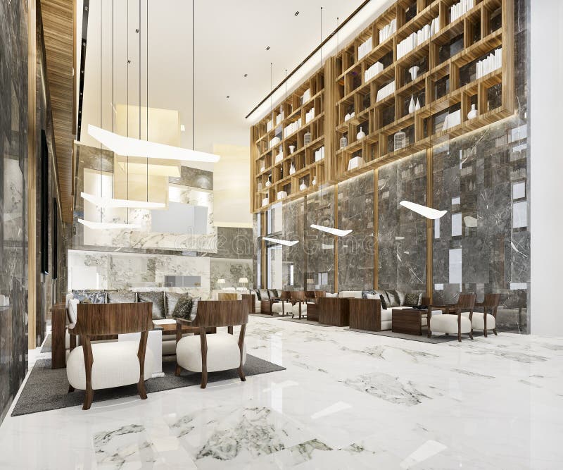 3d Rendering Elegant Lounge Lobby Area with Counter and Shelf Library ...