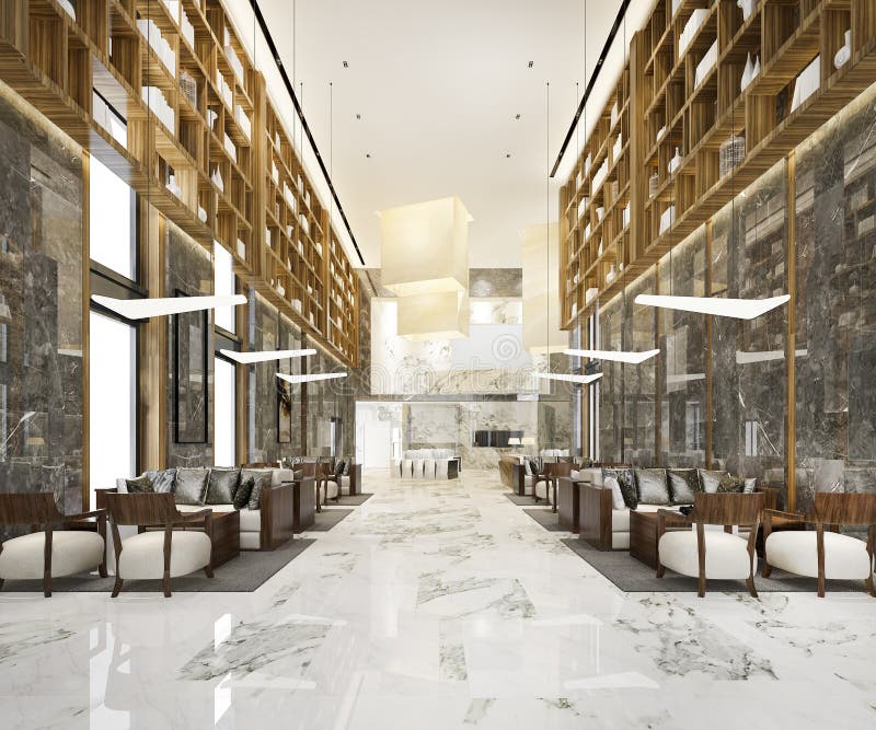 3d Rendering Elegant Lounge Lobby Area with Counter and Shelf Library ...