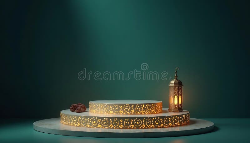 Elegant Ramadan Display: Illuminated Stage with Lantern and Dates Stock ...