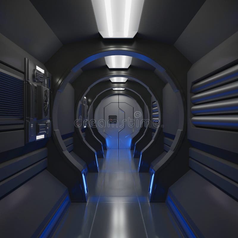 3D Rendering Furnished Spaceship Black Interior with Blue Light,tunnel ...