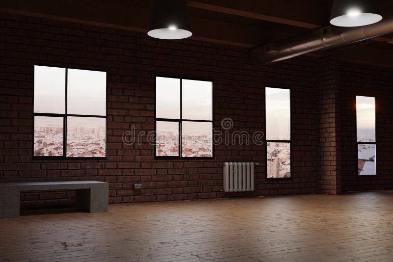 3d Rendering of Empty Studio Room with Red Bricks Stock Illustration ...