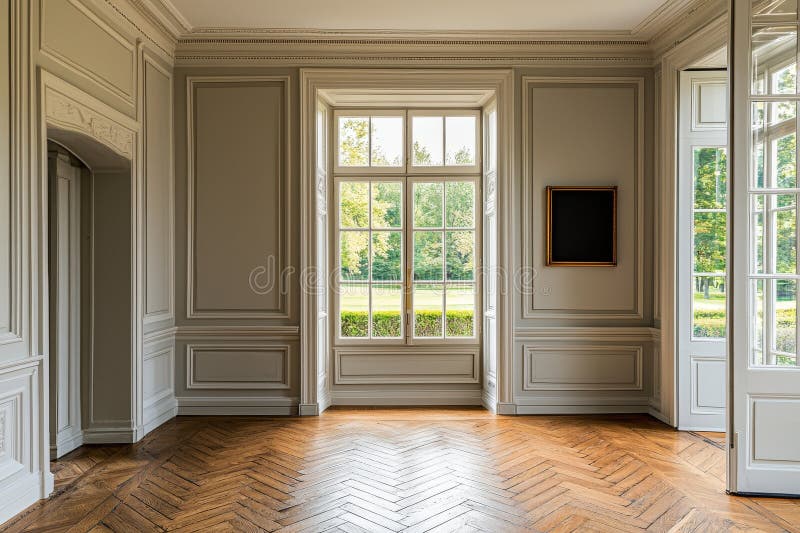 This is a 3D Rendering of an Empty Modern Room with Large Windows and a ...