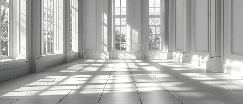 3D Rendering of an Empty White Room with Sunlight and Shadows. Concept ...