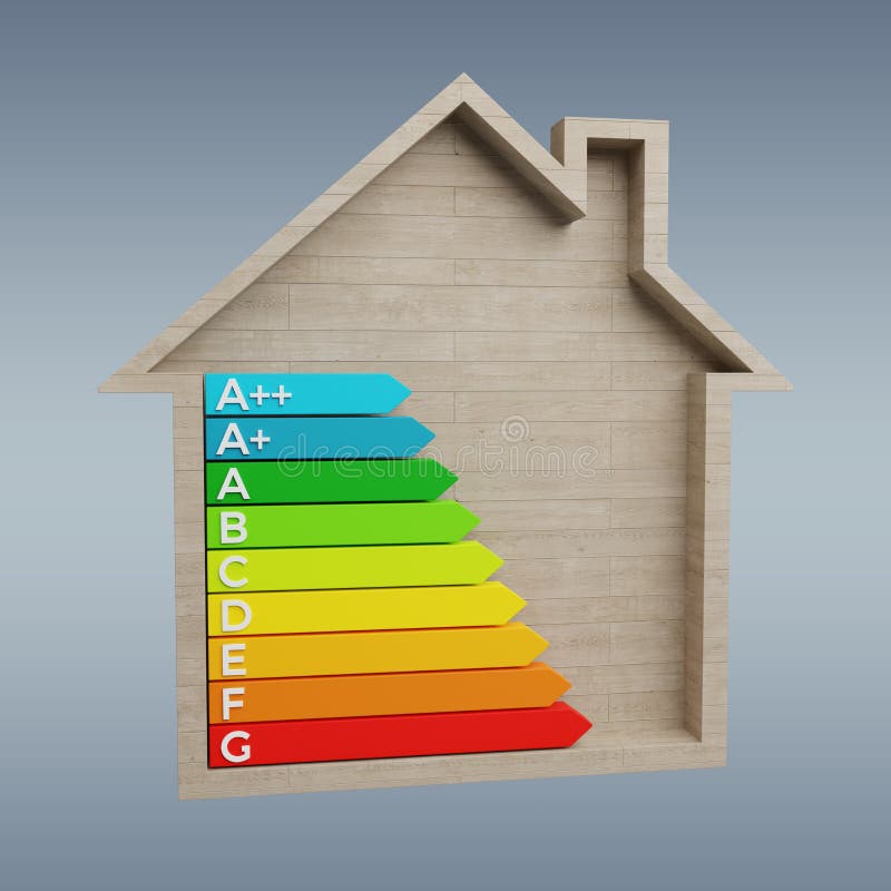 3D Rendering Energy Rating Chart in a Wooden House Stock Illustration ...