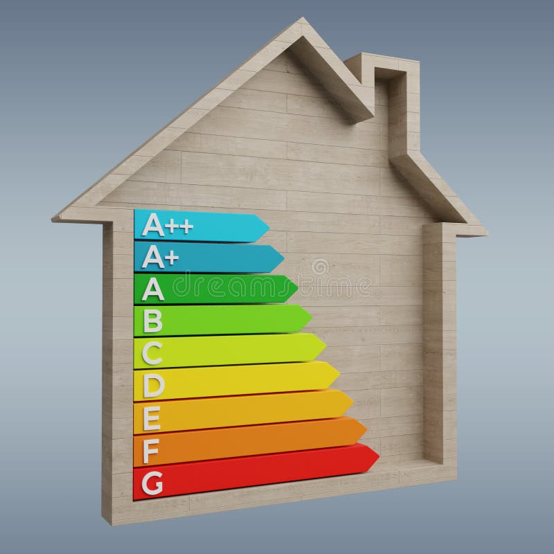 3D Rendering Energy Rating Chart in a Wooden House Stock Illustration ...