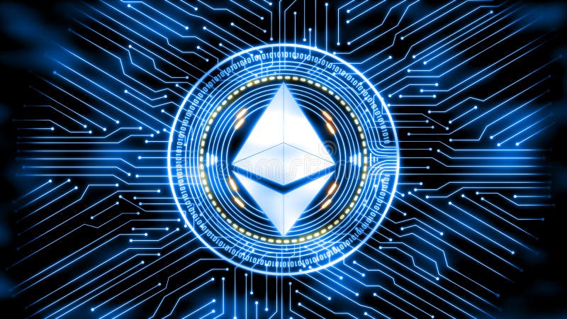 3D Rendering of Ethereum Coin ETH on Computer Circuit Board. Editorial ...