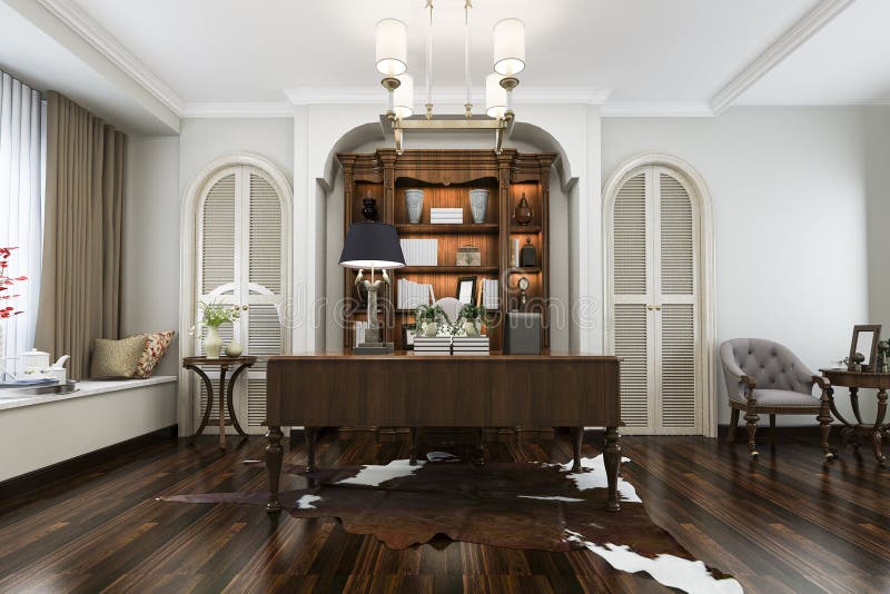 3d Rendering European Style Study Room with Wood Bookshelf Stock ...