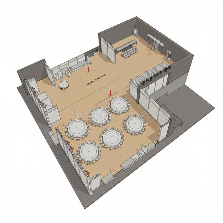 3D Rendering of an Event Space Layout, Featuring a Rectangular Room ...