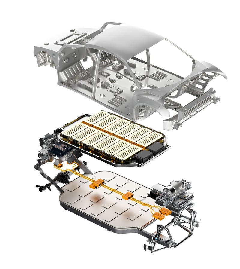 Explode View of Golden Electric Vehicle Battery with Car Frame Stock ...