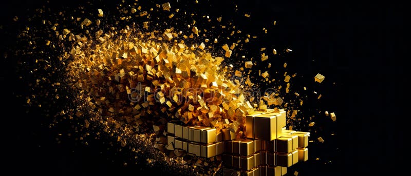 3d Rendering of Explosion of Gold Particles. Explosion of Golden Cubes ...