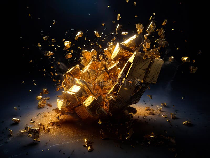 3d Rendering of Explosion of Gold Particles. Explosion of Golden Cubes ...