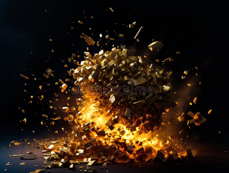 3d Rendering of Explosion of Gold Particles. Explosion of Golden Cubes ...