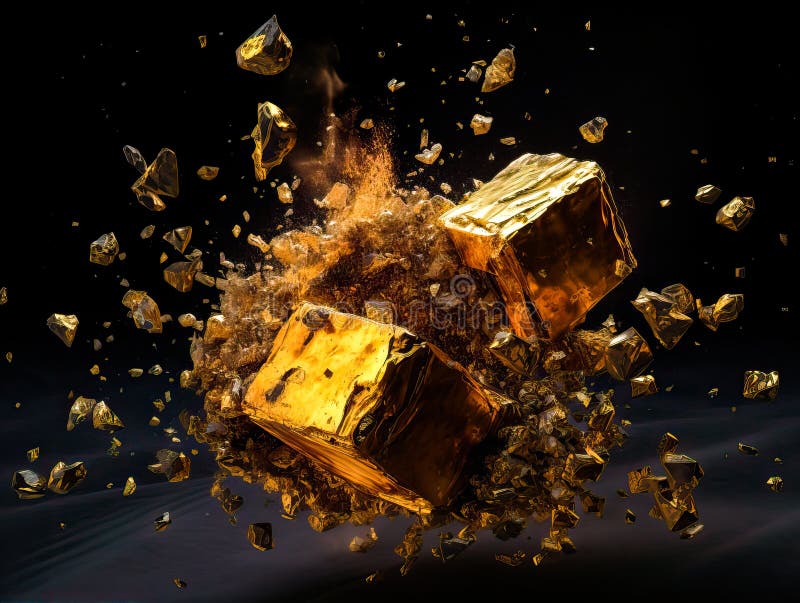 3d Rendering of Explosion of Gold Particles. Explosion of Golden Cubes ...
