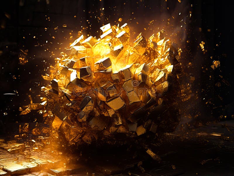 3d Rendering of Explosion of Gold Particles. Explosion of Golden Cubes ...