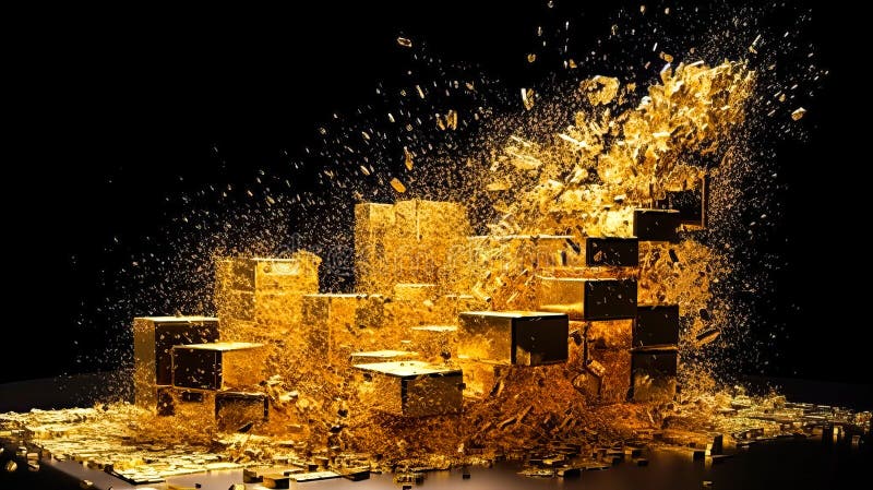 3d Rendering of Explosion of Gold Particles. Explosion of Golden Cubes ...
