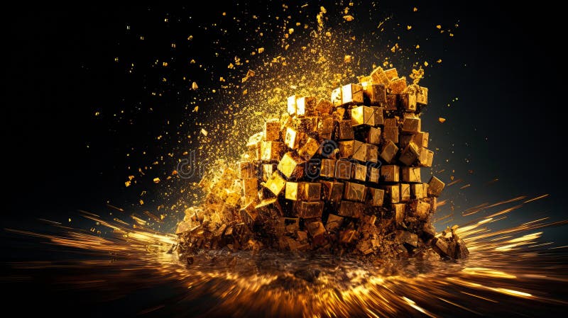 3d Rendering of Explosion of Gold Particles. Explosion of Golden Cubes ...