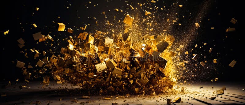 3d Rendering of Explosion of Gold Particles. Explosion of Golden Cubes ...