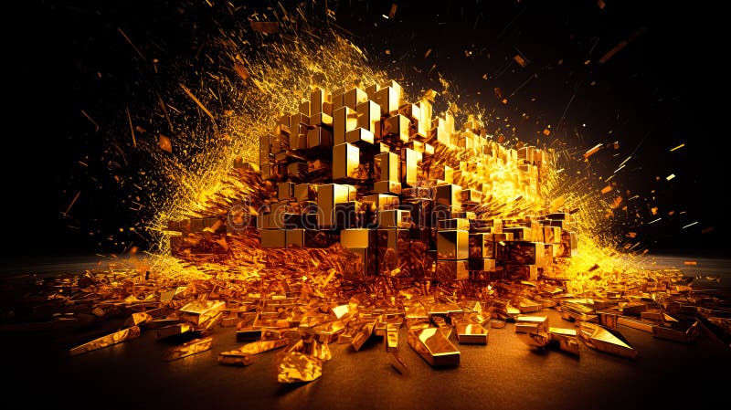 3d Rendering of Explosion of Gold Particles. Explosion of Golden Cubes ...