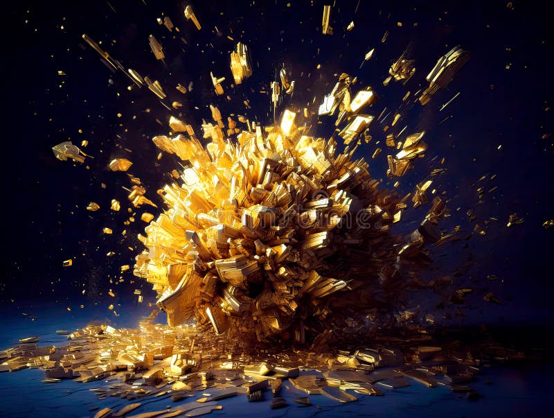 3d Rendering of Explosion of Gold Particles. Explosion of Golden Cubes ...