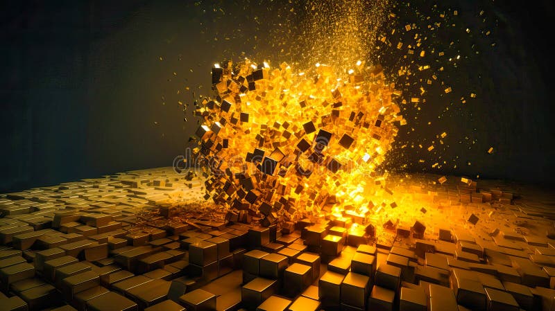 3d Rendering of Explosion of Gold Particles. Explosion of Golden Cubes ...