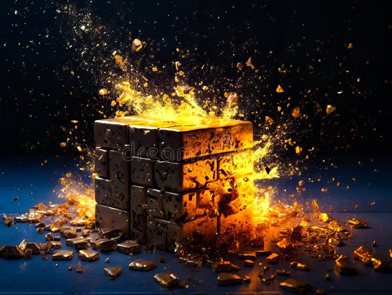 3d Rendering of Explosion of Gold Particles. Explosion of Golden Cubes ...