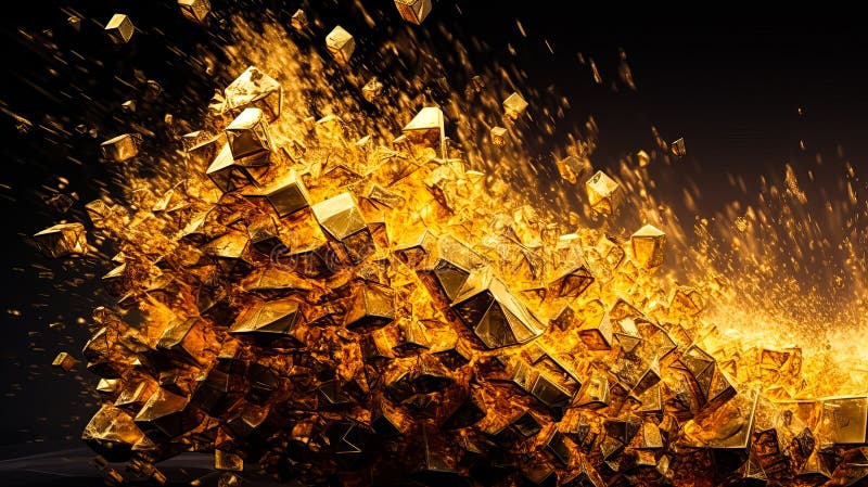 3d Rendering of Explosion of Gold Particles. Explosion of Golden Cubes ...