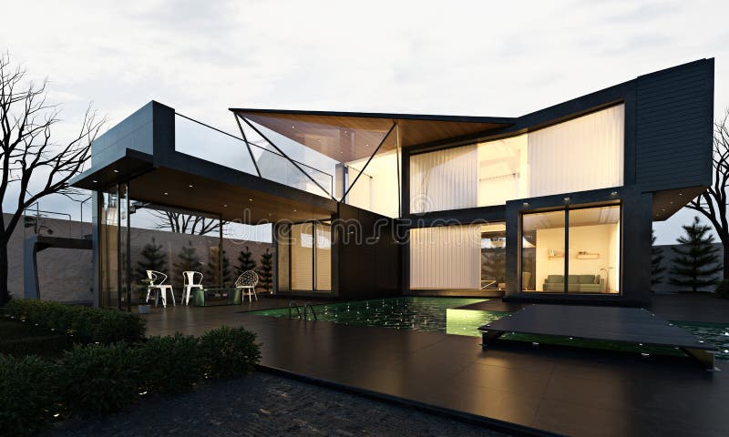 3d Rendering Exterior Architecture Modern House in Night Environment ...