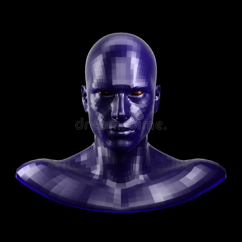 3D Rendering. Faceted Blue Robot Face with Red Eyes Looking Front on ...