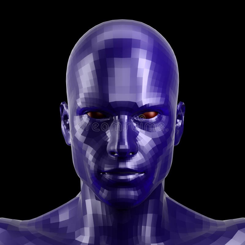 3D Rendering. Faceted Blue Robot Face With Red Eyes Looking Front On ...