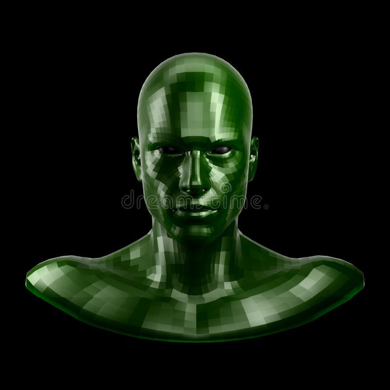 3D Rendering. Faceted Green Robot Face with Black Eyes Looking Front on ...