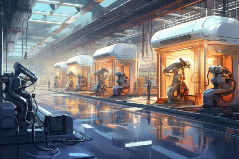 3d Rendering of Factory Interior with Robot Assembly Line Conveyor Belt ...