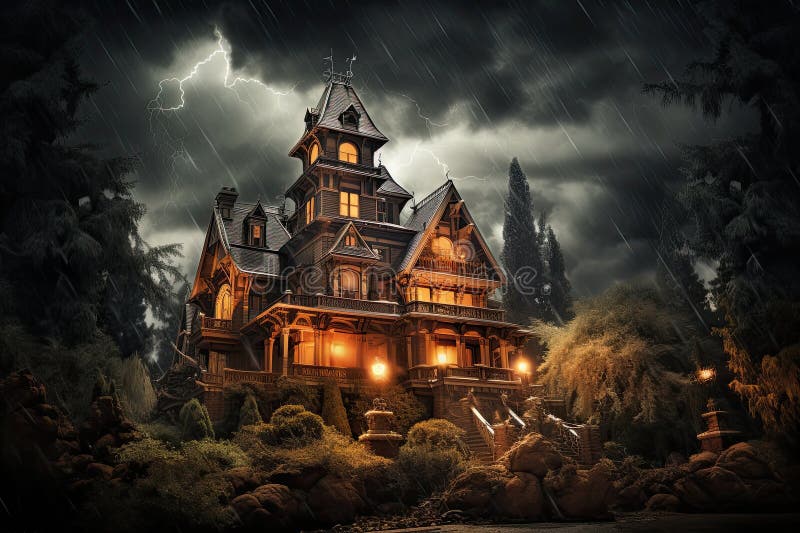 3D Rendering of a Fantasy Castle in the Forest with Rain and Lightning ...